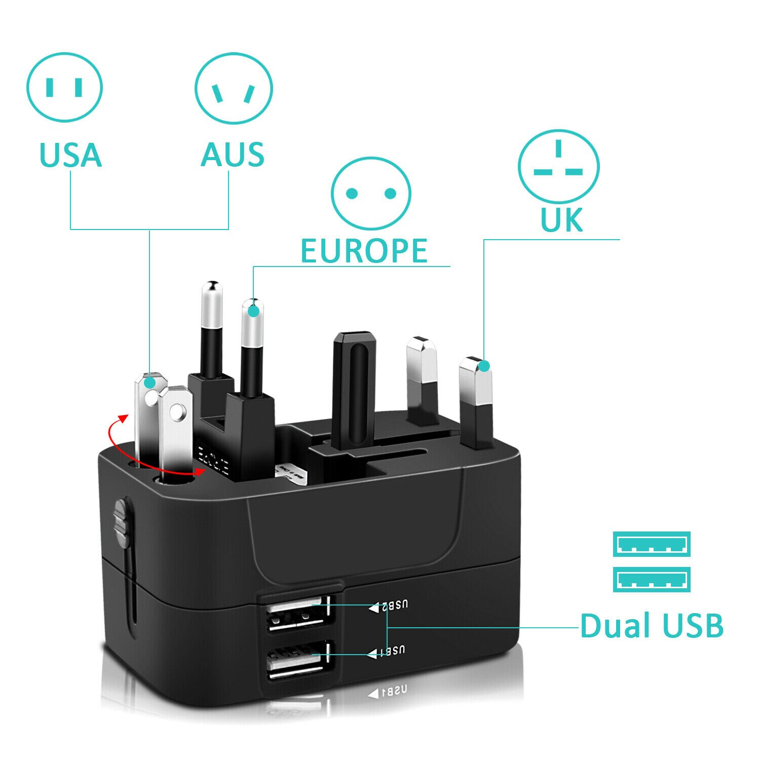 Adaptor priza calatorie, LLWL, Plastic, Universal, 2 x USB, 250V, 10A ...