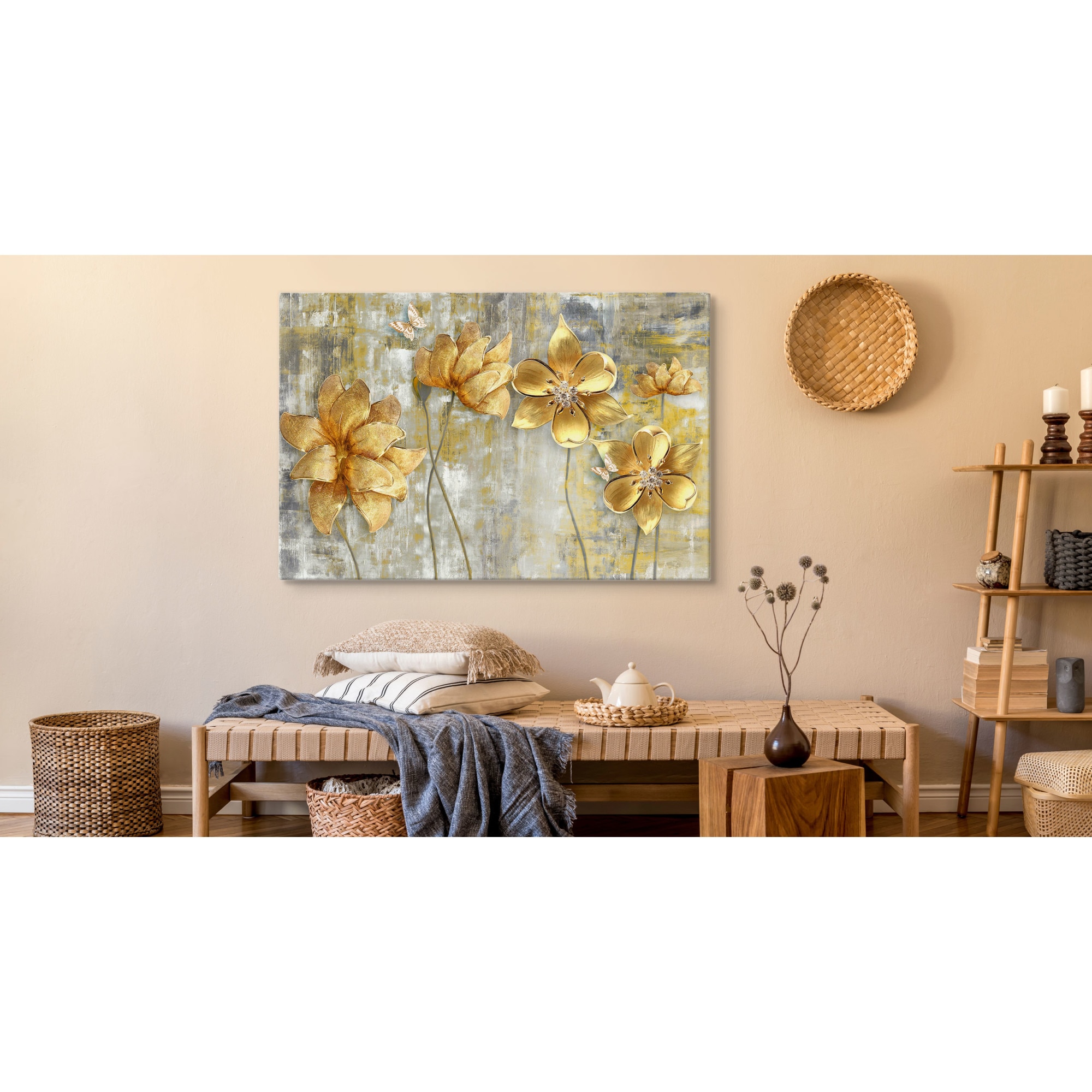 Tablou Decorativ pentru Living 3D flori aurii si fluture 120x80cm ...