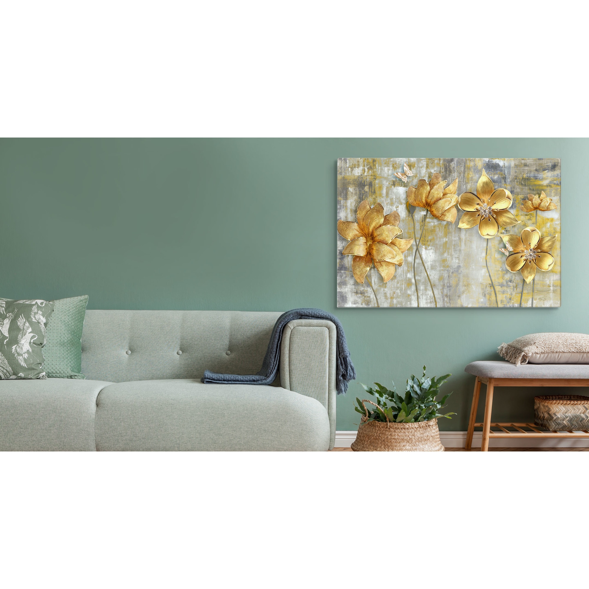 Tablou Decorativ pentru Living 3D flori aurii si fluture 120x80cm ...