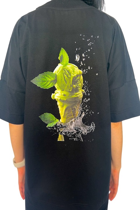 Tricou oversized negru din bumbac organic, design Inghetata, size M ...