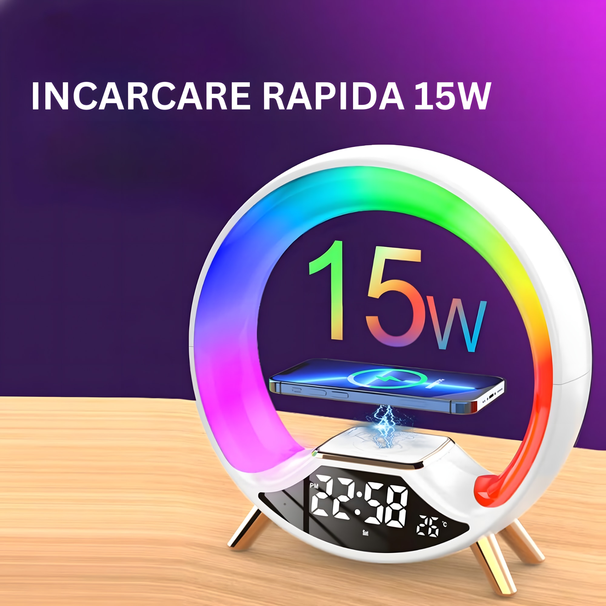 Lampa Smart LED AZ PRODUCTS® RGB Multifunctionala, Incarcator Wireless ...