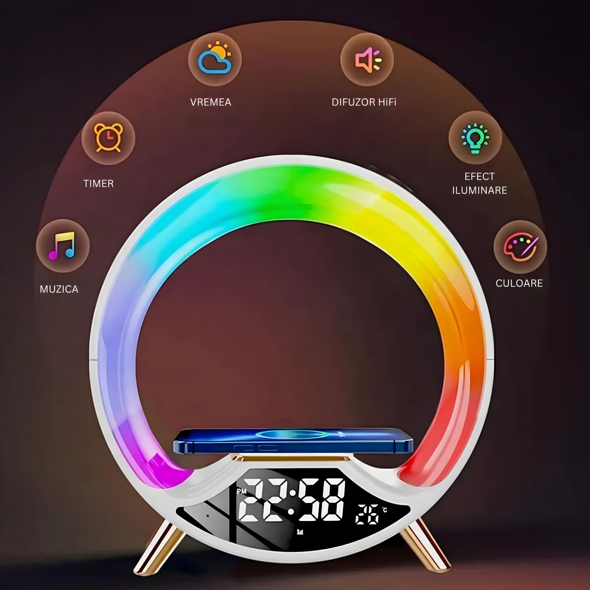 Lampa Smart LED AZ PRODUCTS® RGB Multifunctionala, Incarcator Wireless ...