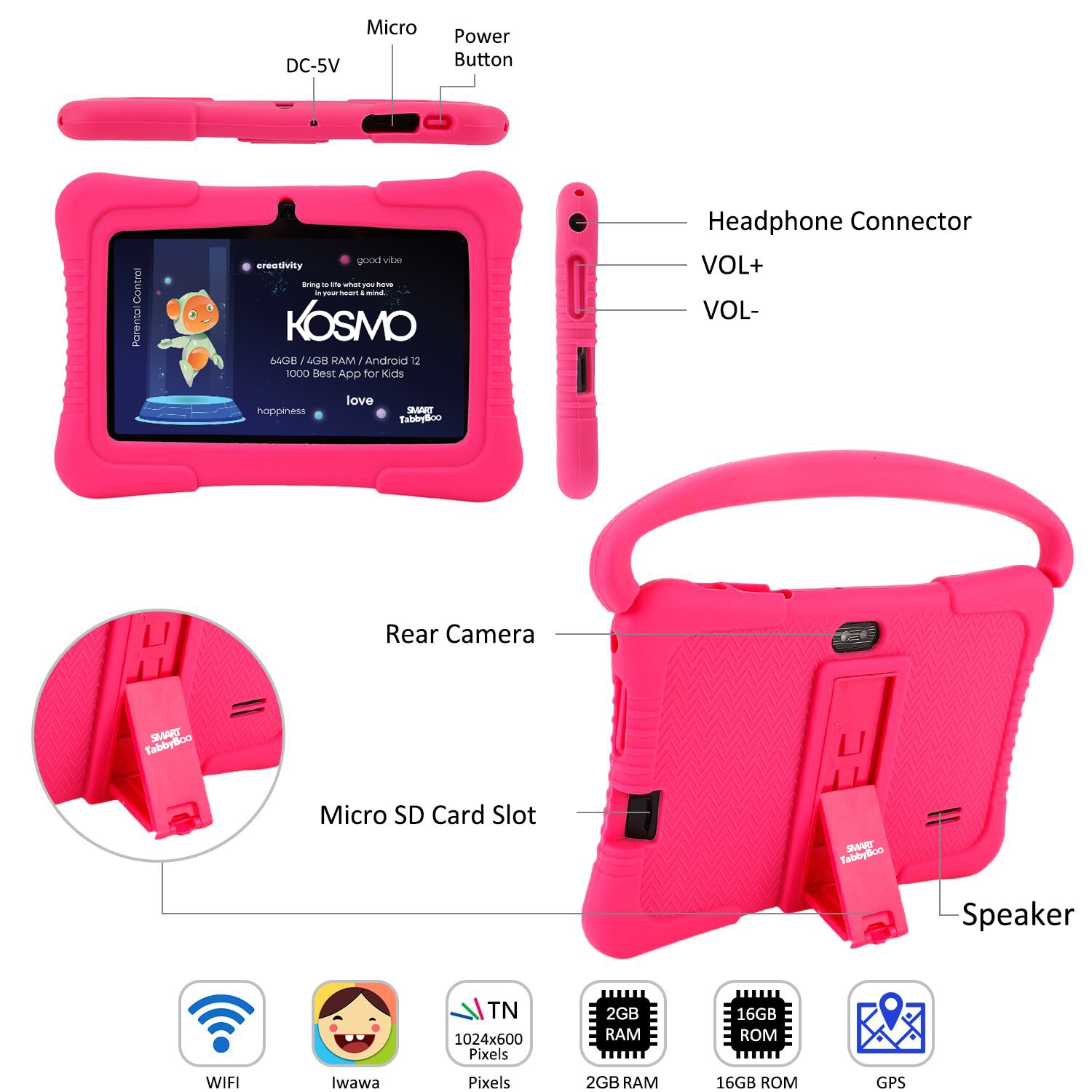 Tableta SMART TabbyBoo Kosmo Fun, 4GB RAM, 64GB, Android 12 cu control ...