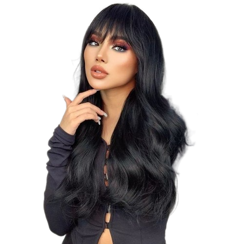 Peruca lunga Neagra, Animis Beauty ®, cu breton, fibra sintetica cu ...