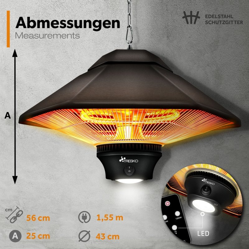 Radiator suspendat cu infrarosu, 1500W, cu telecomanda, Iluminare LED ...