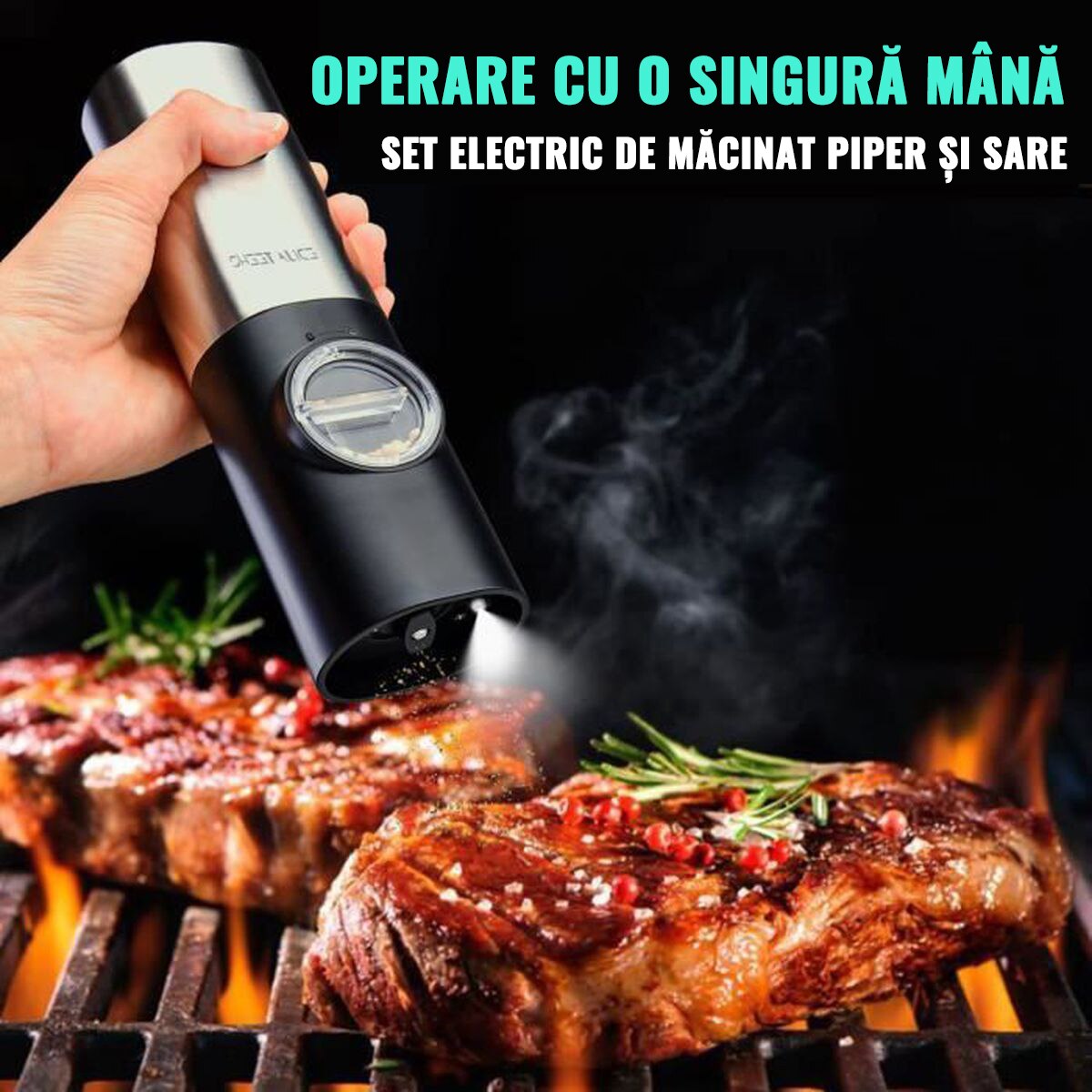 Set 2 Rasnite electrice pentru sare/piper, Xinxu, cu camere depozitare transparente, Reglare ...