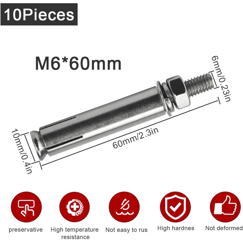 Suruburi, 10 buc, cu dibluri si saibe, M6, 60mm, inox - eMAG.ro