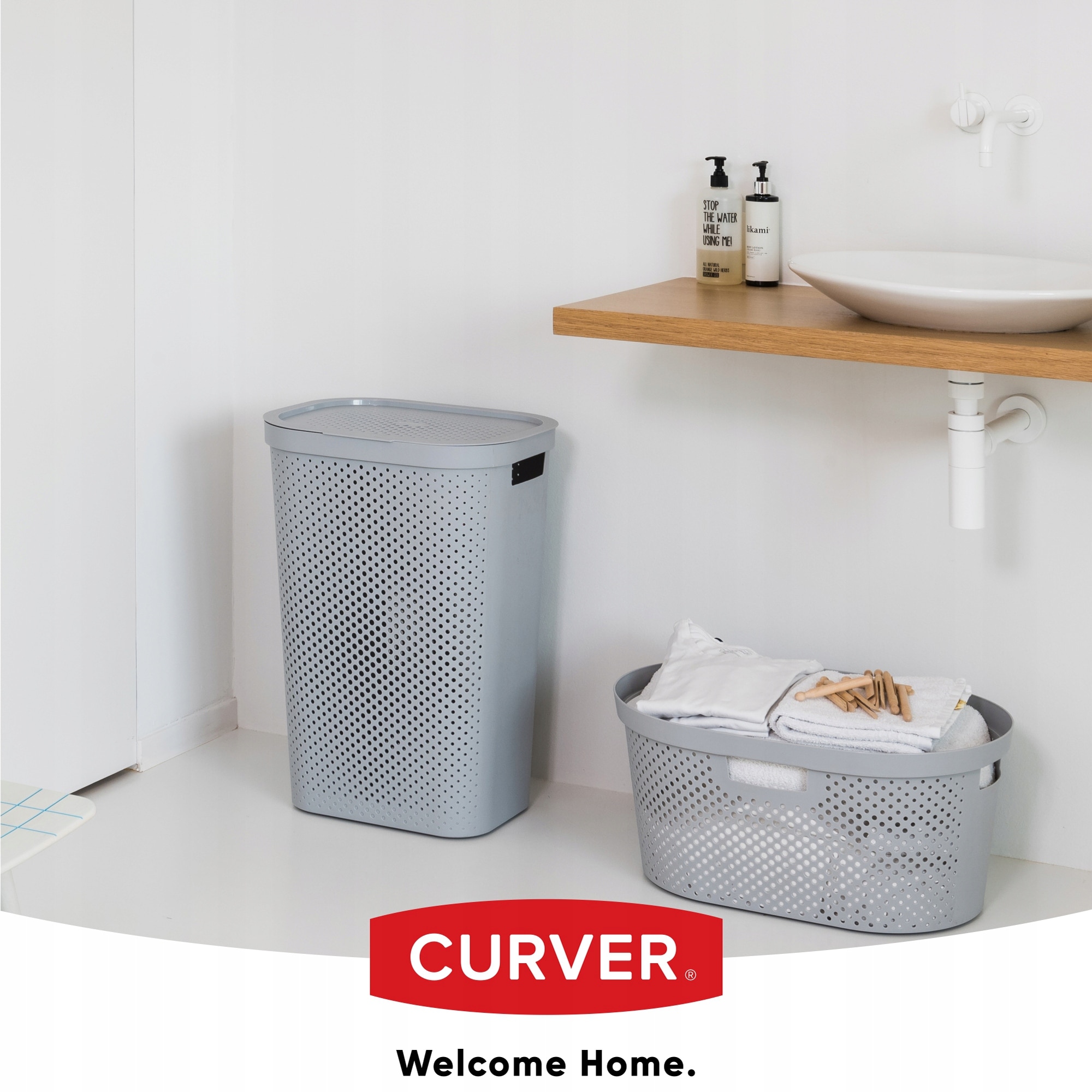 Set 2 cosuri de rufe, Curver, Plastic, 2 x 60 L, Alb/ Gri - eMAG.ro