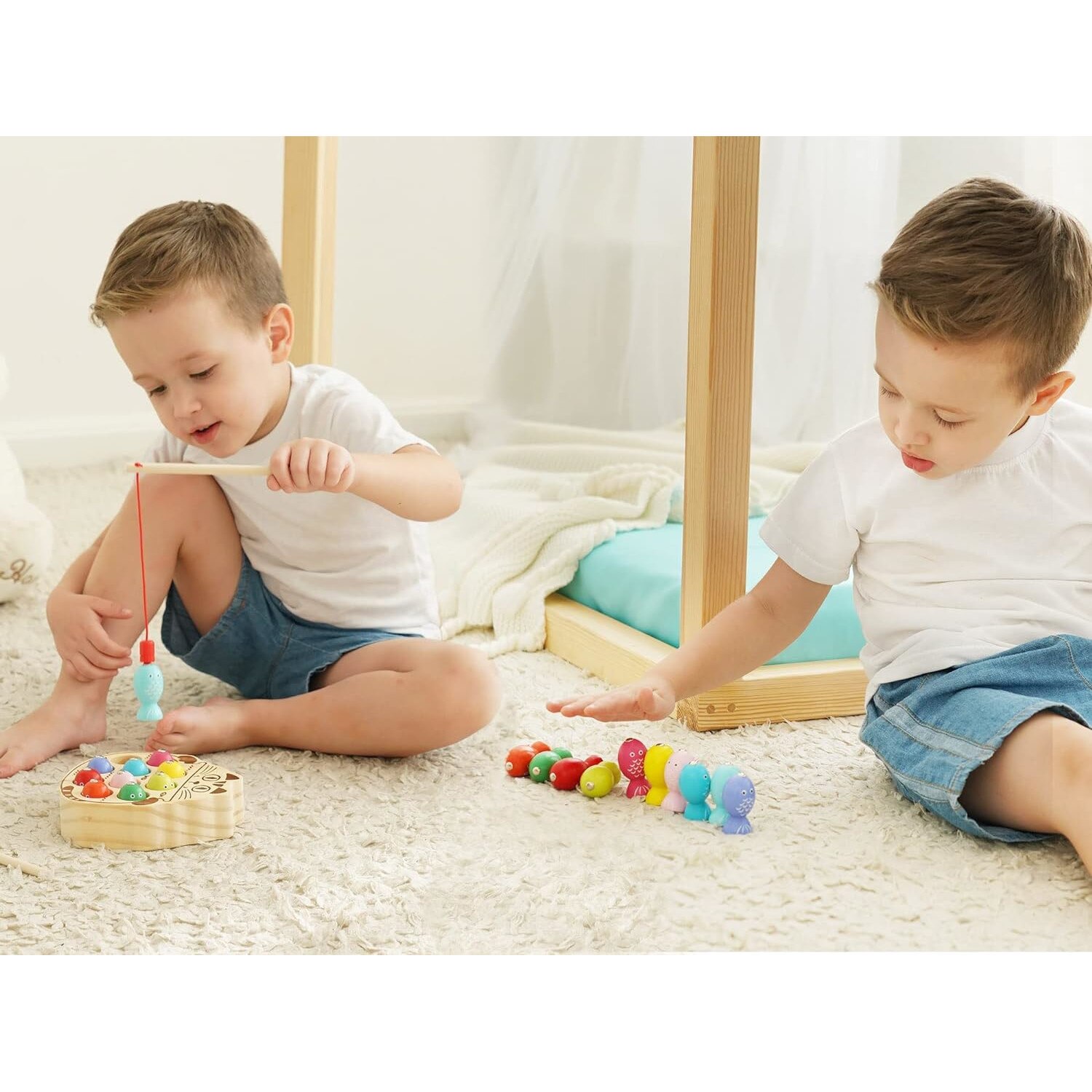 Joc de pescuit cu magnet, Zola®, din lemn, Montessori, pisicuta, 2 ...