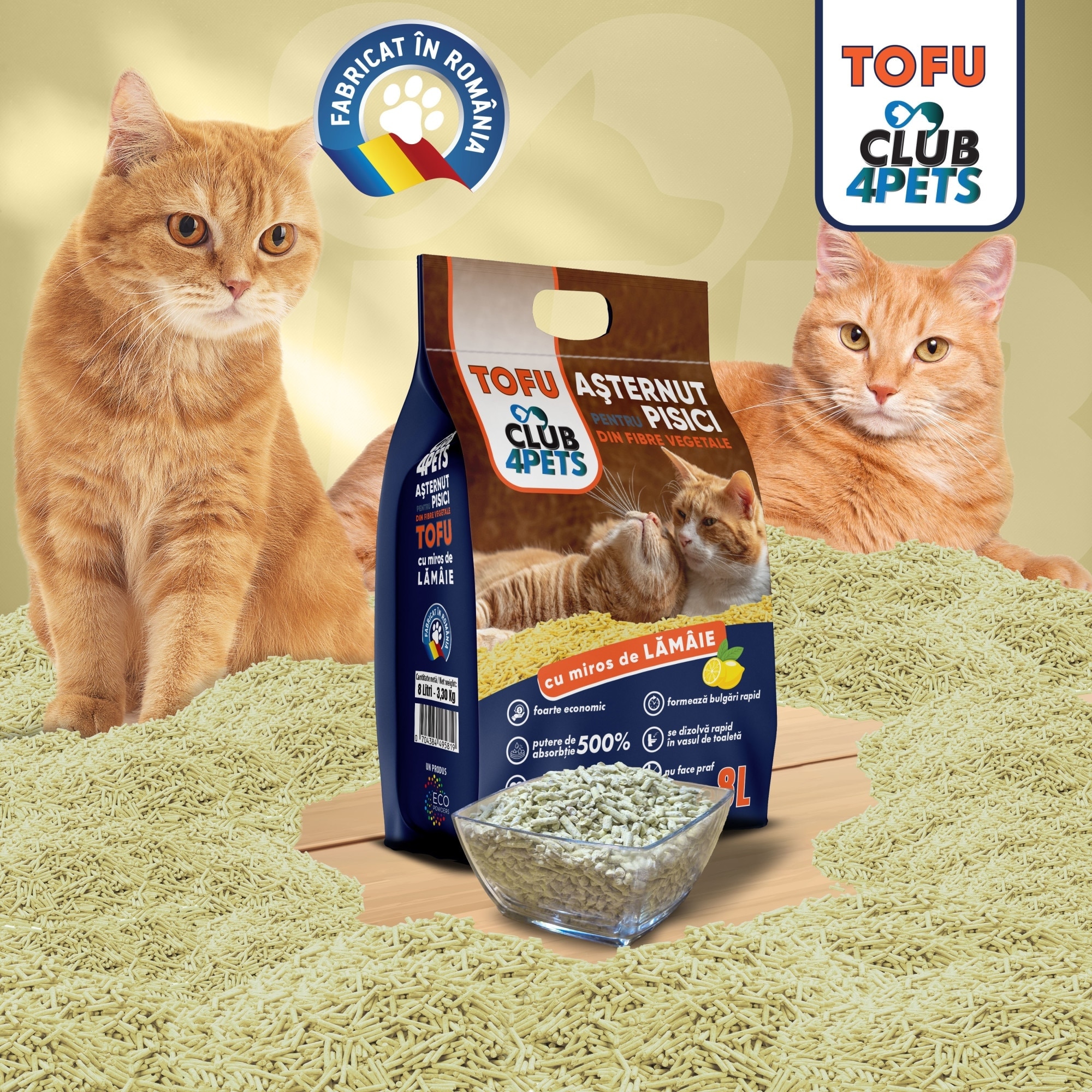 Asternut igienic pentru pisici CLUB4PETS, Tofu Lamaie 12L, 5kg - eMAG.ro