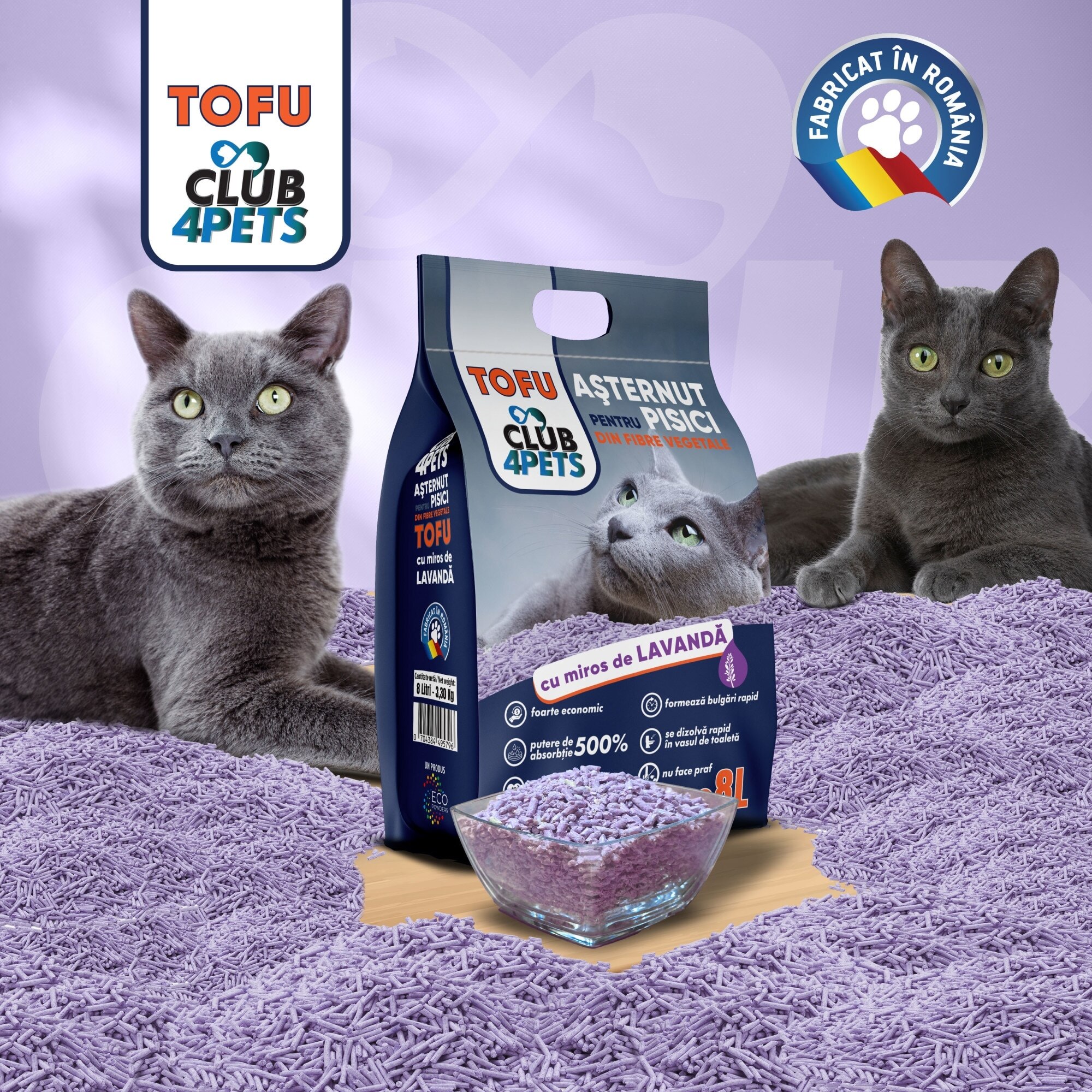 Asternut igienic pentru pisici CLUB4PETS, Tofu Lavanda 12L, 5kg - eMAG.ro