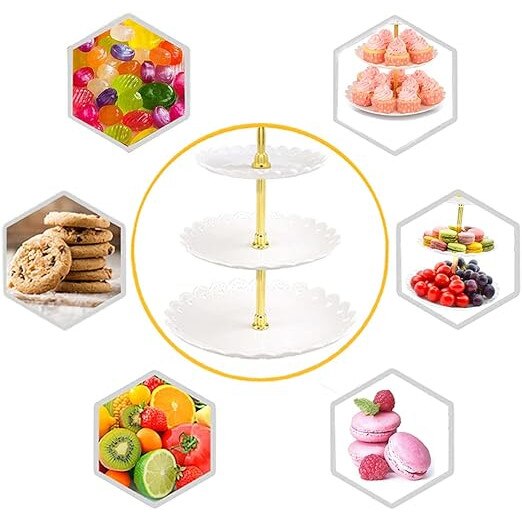 Suport pentru prajituri, Plastic, 3 Niveluri, Alb/Auriu - eMAG.ro