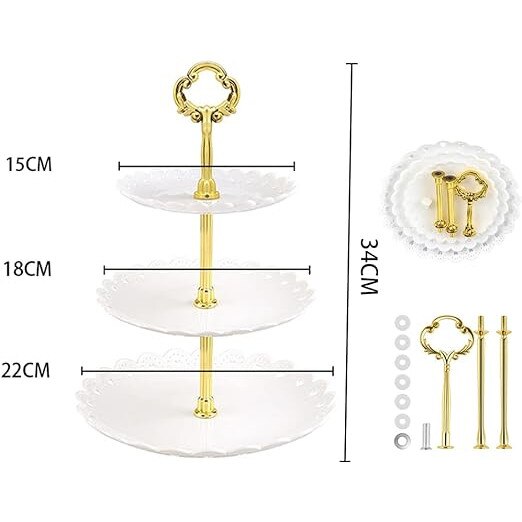 Suport pentru prajituri, Plastic, 3 Niveluri, Alb/Auriu - eMAG.ro