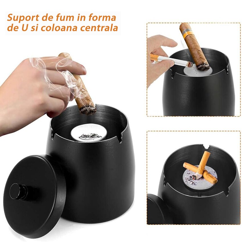 Scrumiera, Chucai, cu capac, Inox, Rezistent la vant, Anti-cadere, 9 ...