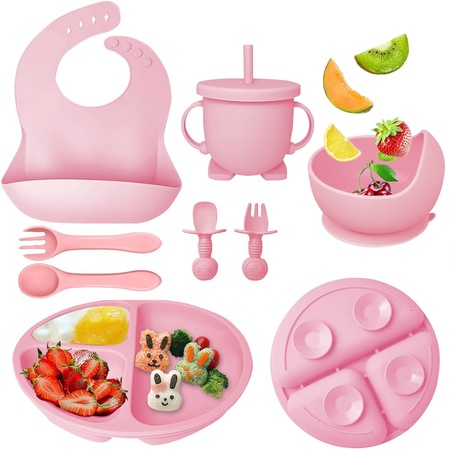 Set 10 piese hranire bebelusi, diversificare, silicon, baveta, farfurie cu CAPAC, bol cu ventuza ...