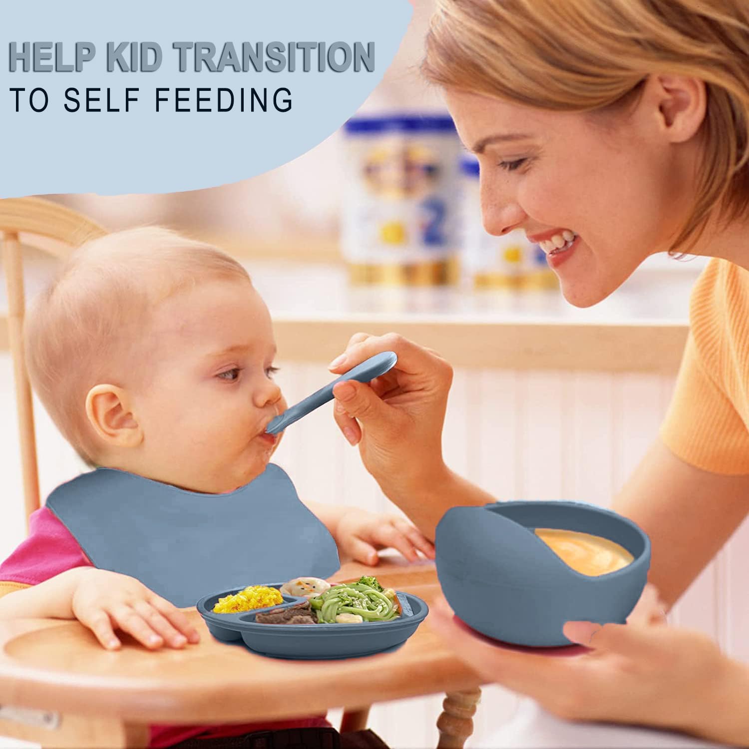 Set 10 piese hranire bebelusi, diversificare, silicon, baveta, farfurie cu CAPAC, bol cu ventuza ...