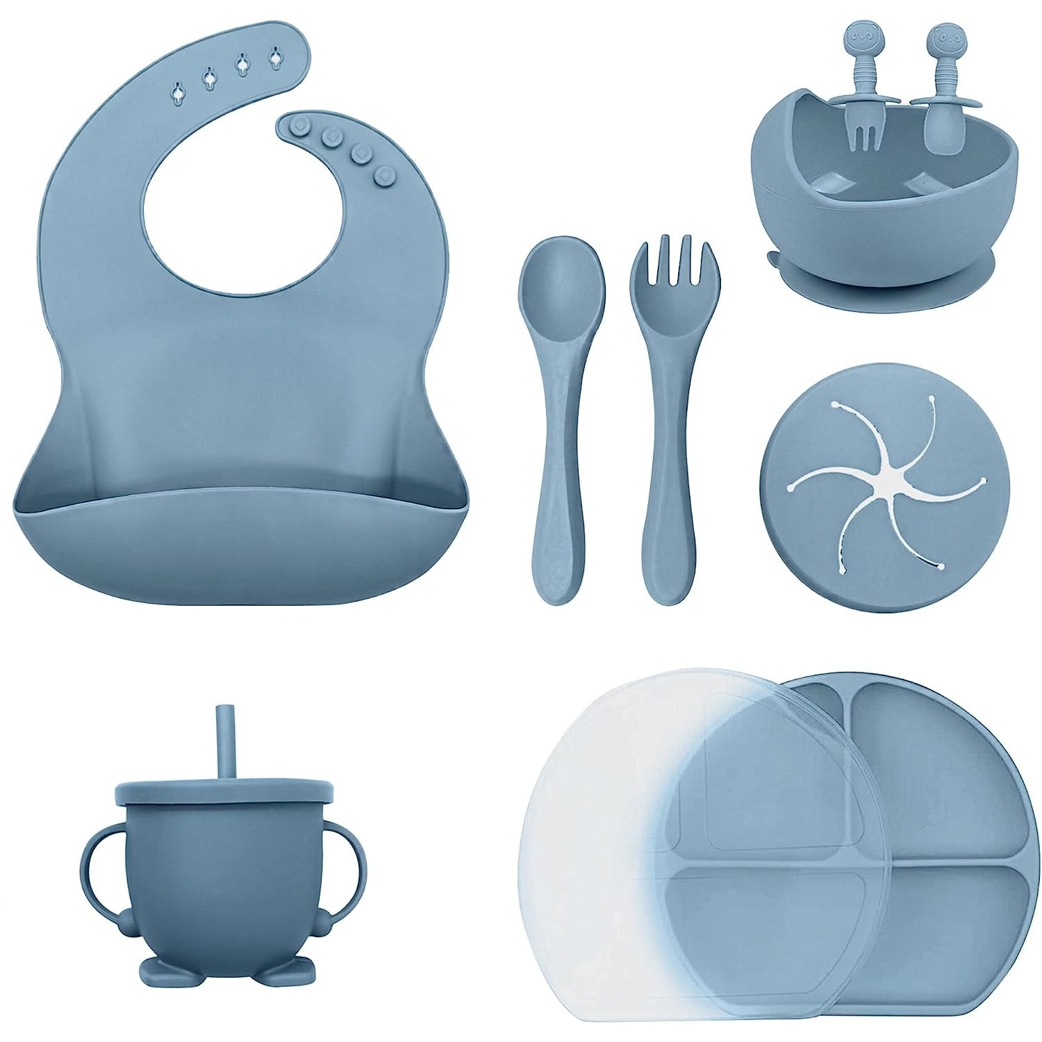 Set 10 piese hranire bebelusi, diversificare, silicon, baveta, farfurie cu CAPAC, bol cu ventuza ...