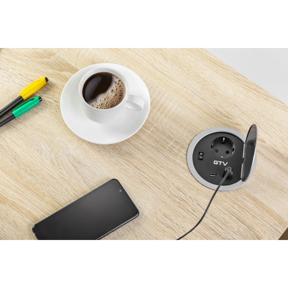 Priza rotunda Charger incastrabila in blat 1schuko + 2 usb - eMAG.ro