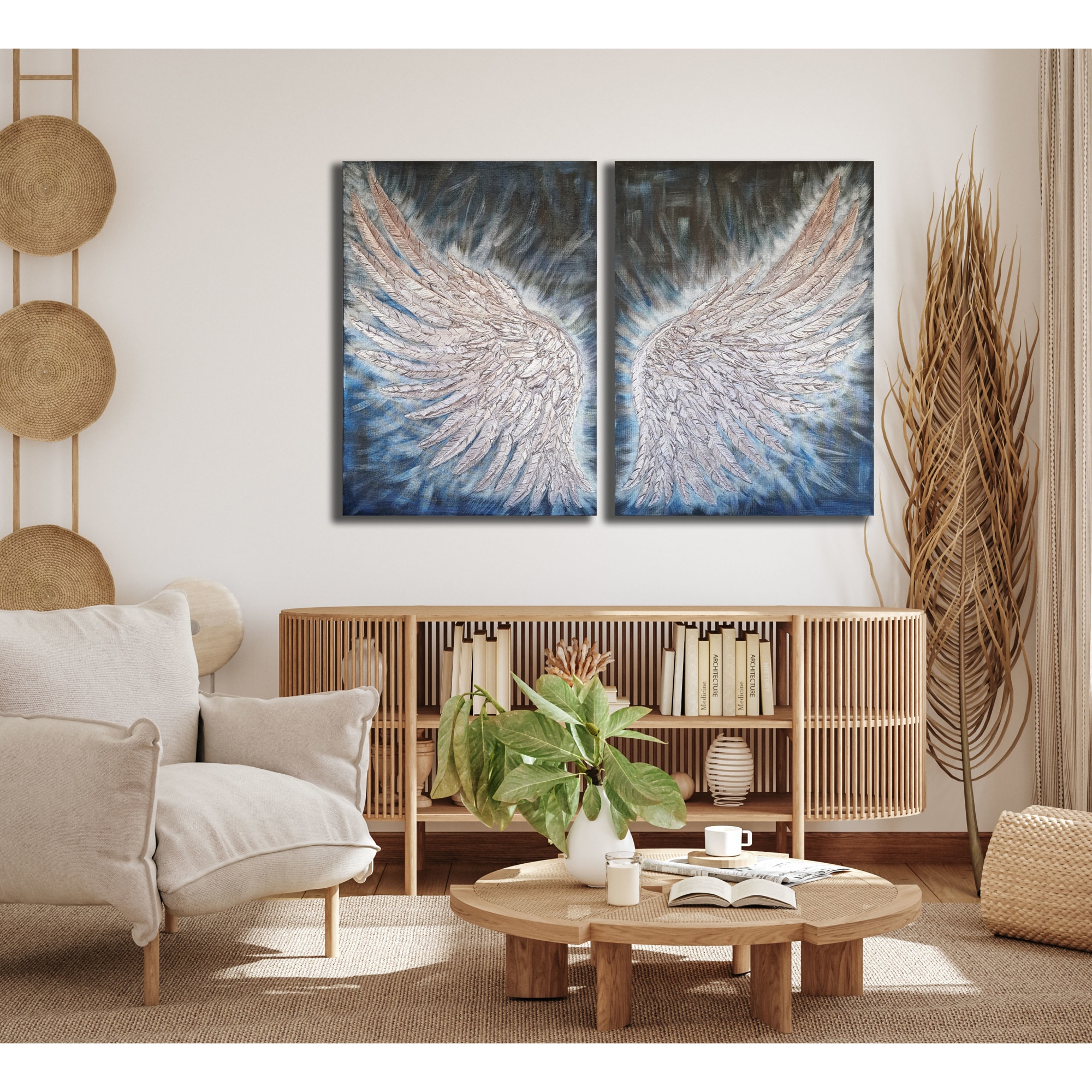 Set 2 tablouri aripi de inger, Pictura texturata in acrilice pe panza ...