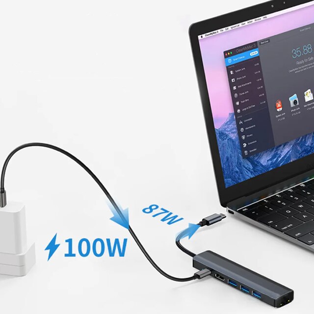 HUB 6 in 1 cu USB Type-C, RJ45 Gigabit(1000M), 3 x USB 3.0,1 x PD87W, 1 ...