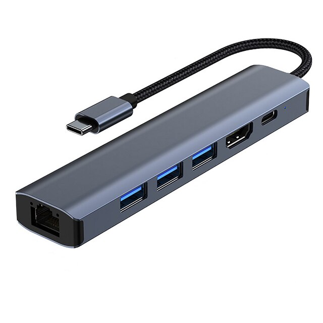 HUB 6 in 1 cu USB Type-C, RJ45 Gigabit(1000M), 3 x USB 3.0,1 x PD87W, 1 ...