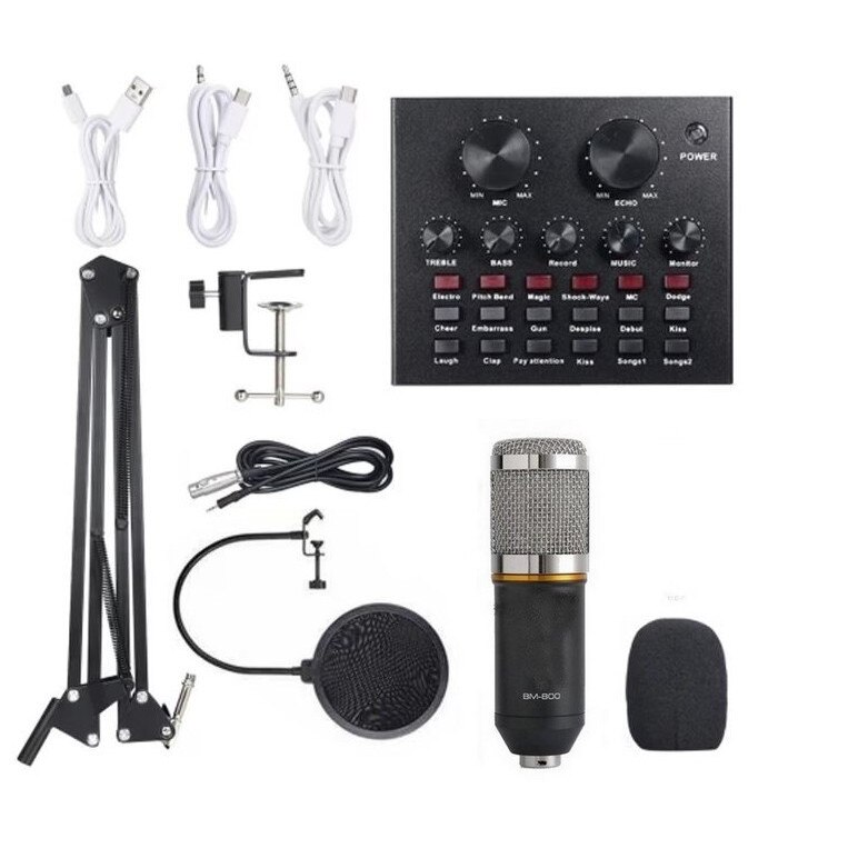 Set Microfon Condenser BM 800 Negru Si Placa De Sunet Mixer Suport ...