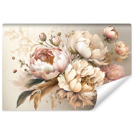 Fototapet flori pastelate inflorite, bujori, frunze verzi, design ...