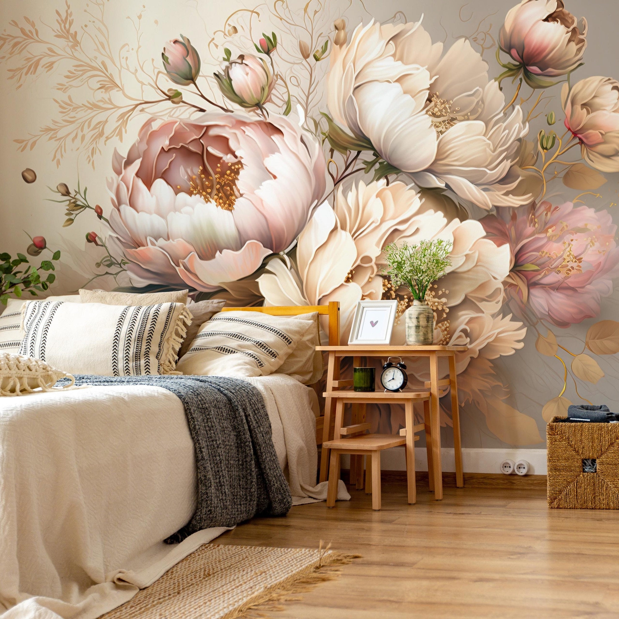 Fototapet flori pastelate inflorite, bujori, frunze verzi, design ...