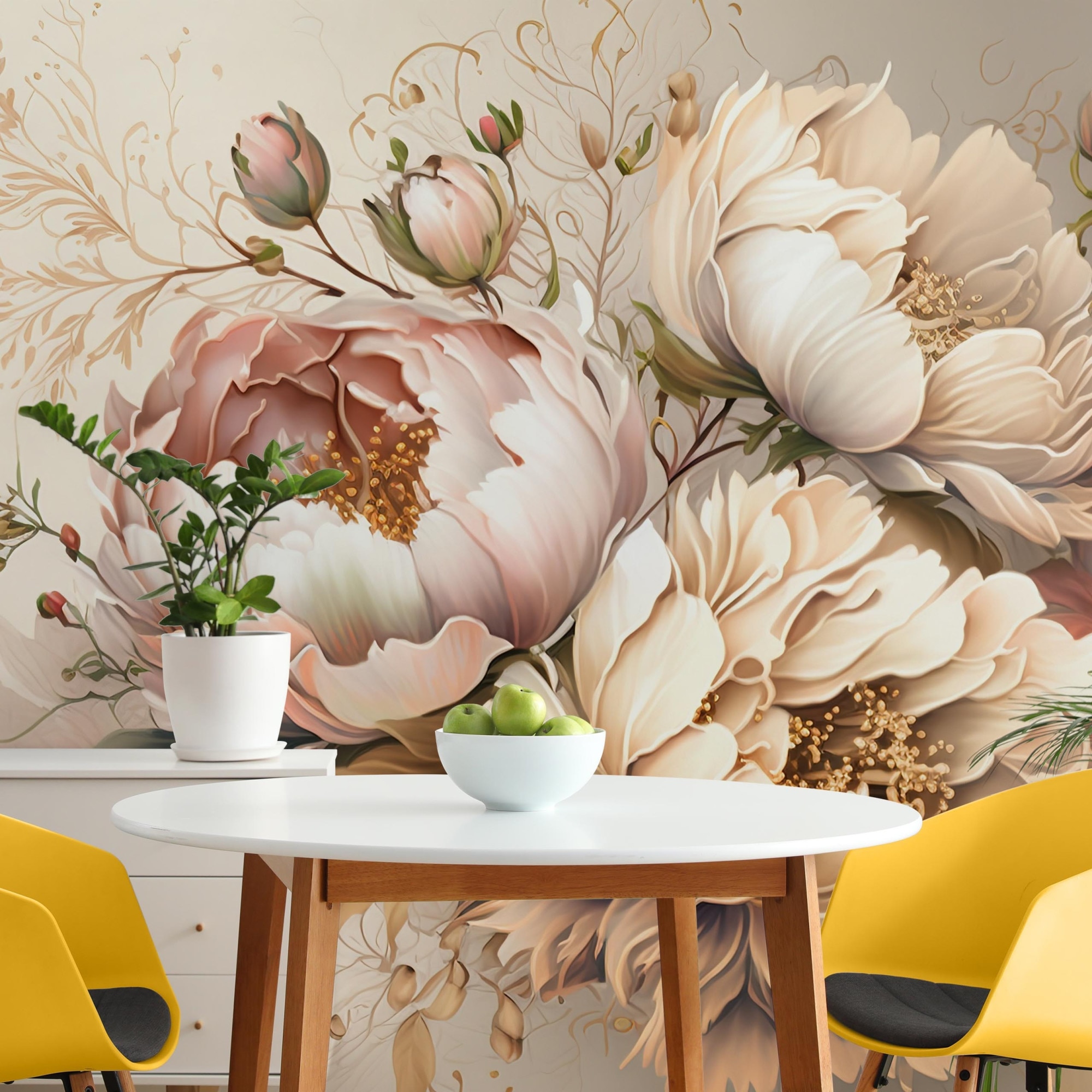 Fototapet flori pastelate inflorite, bujori, frunze verzi, design ...