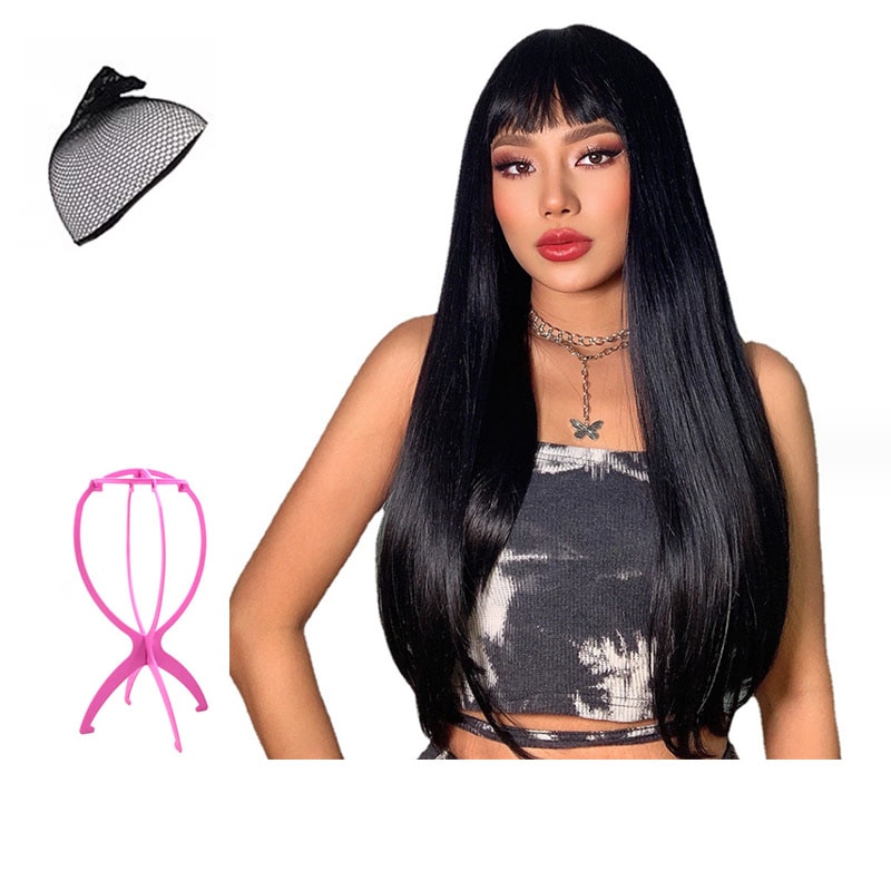 Peruca dama, Par sintetic, 60cm, Cu accesorii, Negru - eMAG.ro