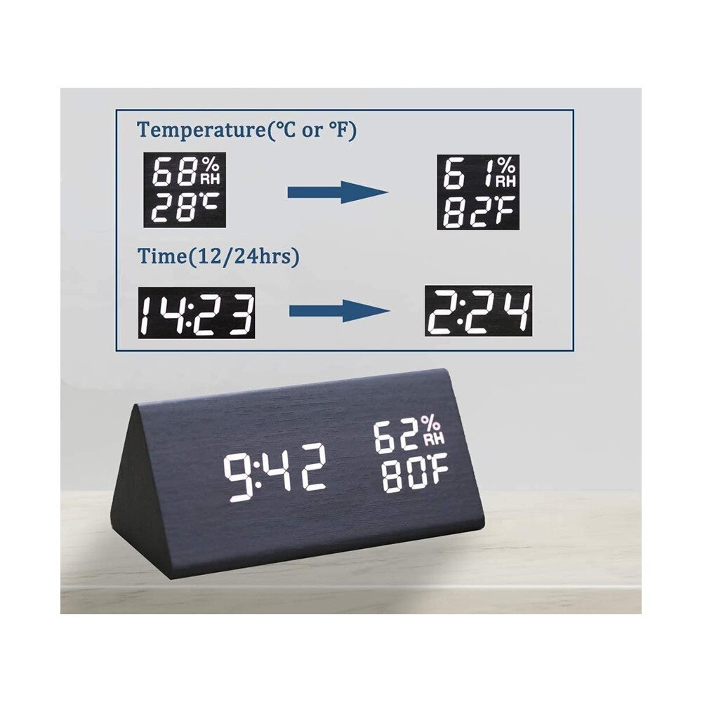 Ceas Digital din Lemn cu Alarma/Termometru/Higrometru, Afisaj LED ...