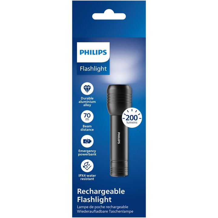 Lanterna LED reincarcabila Philips SFL7003R/10, USB, 200 lm, 3 moduri ...