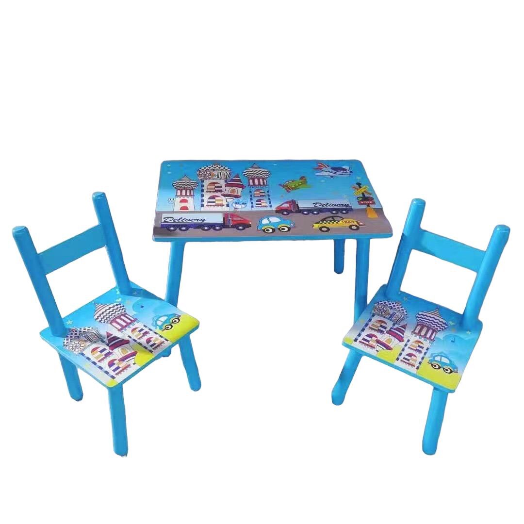 Set masuta cu doua scaune pentru copii, din MDF, albastru, 59x39x40 cm ...