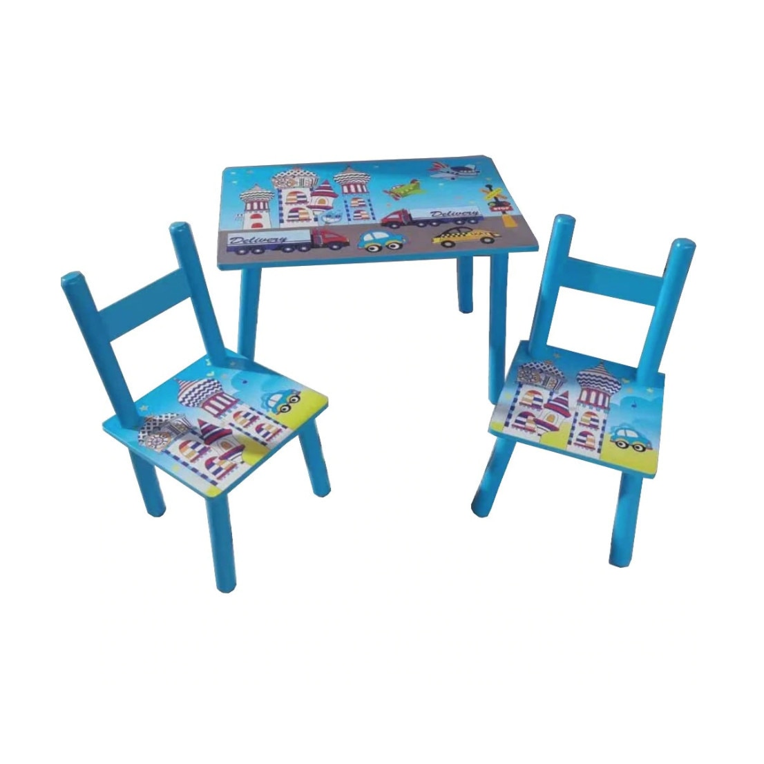 Set masuta cu doua scaune pentru copii, din MDF, albastru, 59x39x40 cm ...