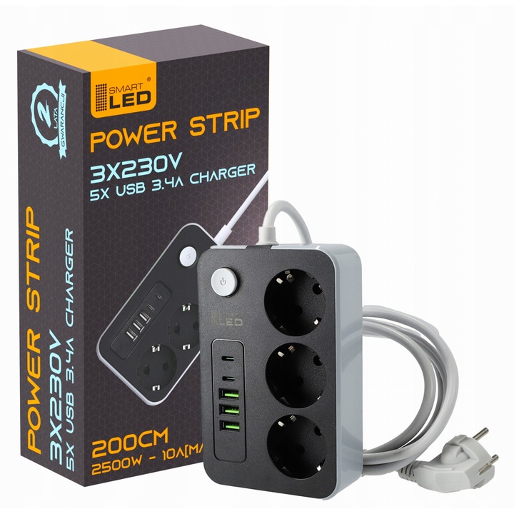 Prelungitor SmartLED, 3 prize, 2 m, Negru/Gri USB, USB-C - eMAG.ro