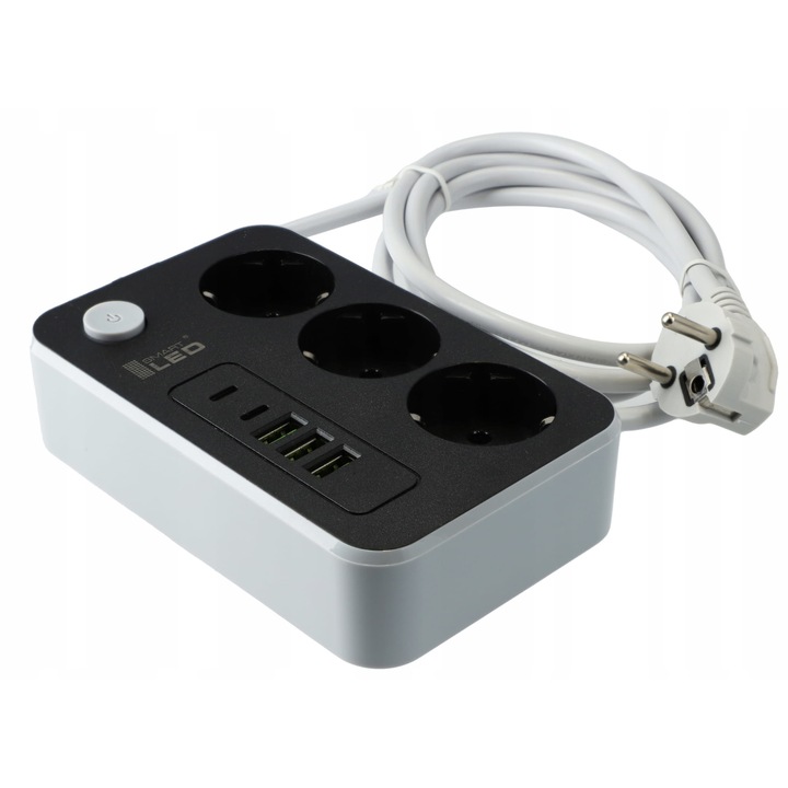 Prelungitor SmartLED, 3 prize, 2 m, Negru/Gri USB, USB-C - eMAG.ro