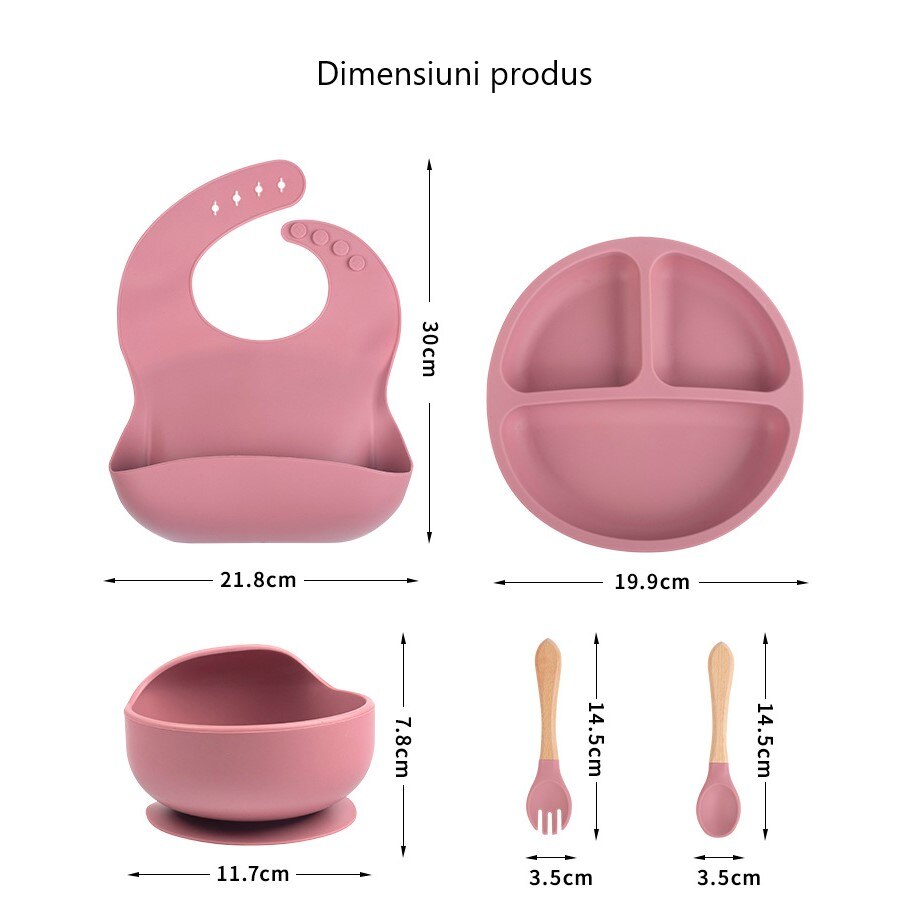 Set hranire bebelusi si copii, pentru diversificare din silicon BPA free, 6+ luni, farfurie, bol ...
