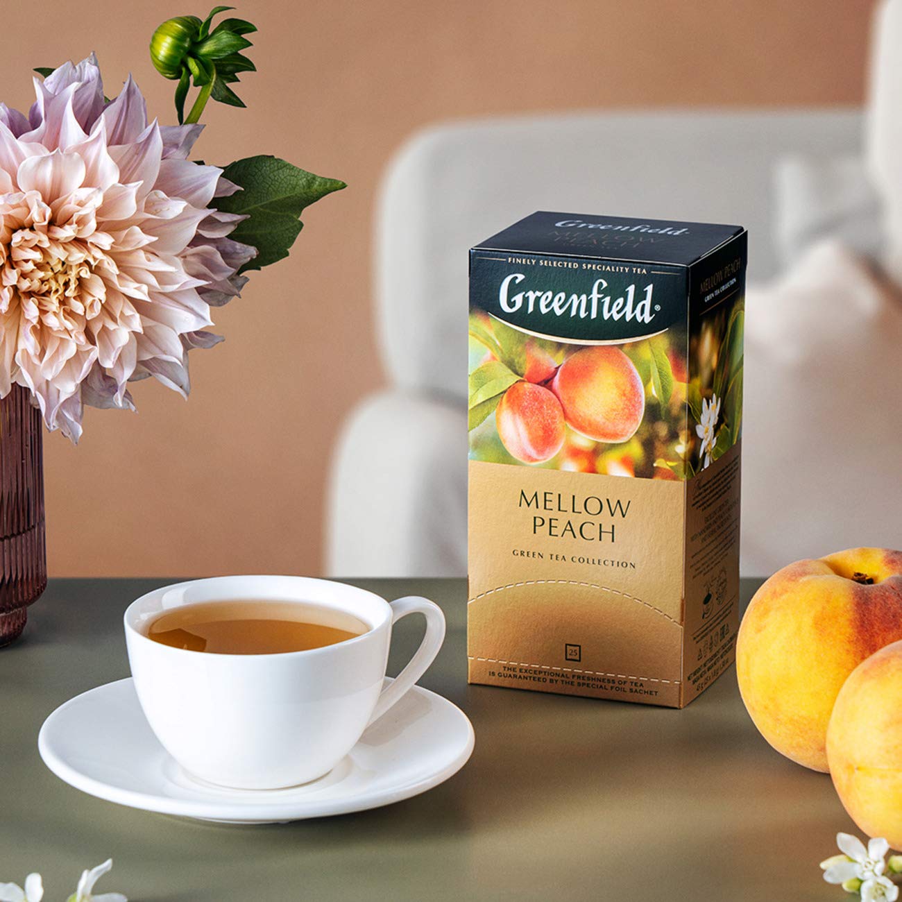 Зелен чай Mellow Peach 25 пакетчета х 2 гр. с аромат на розова праскова ...