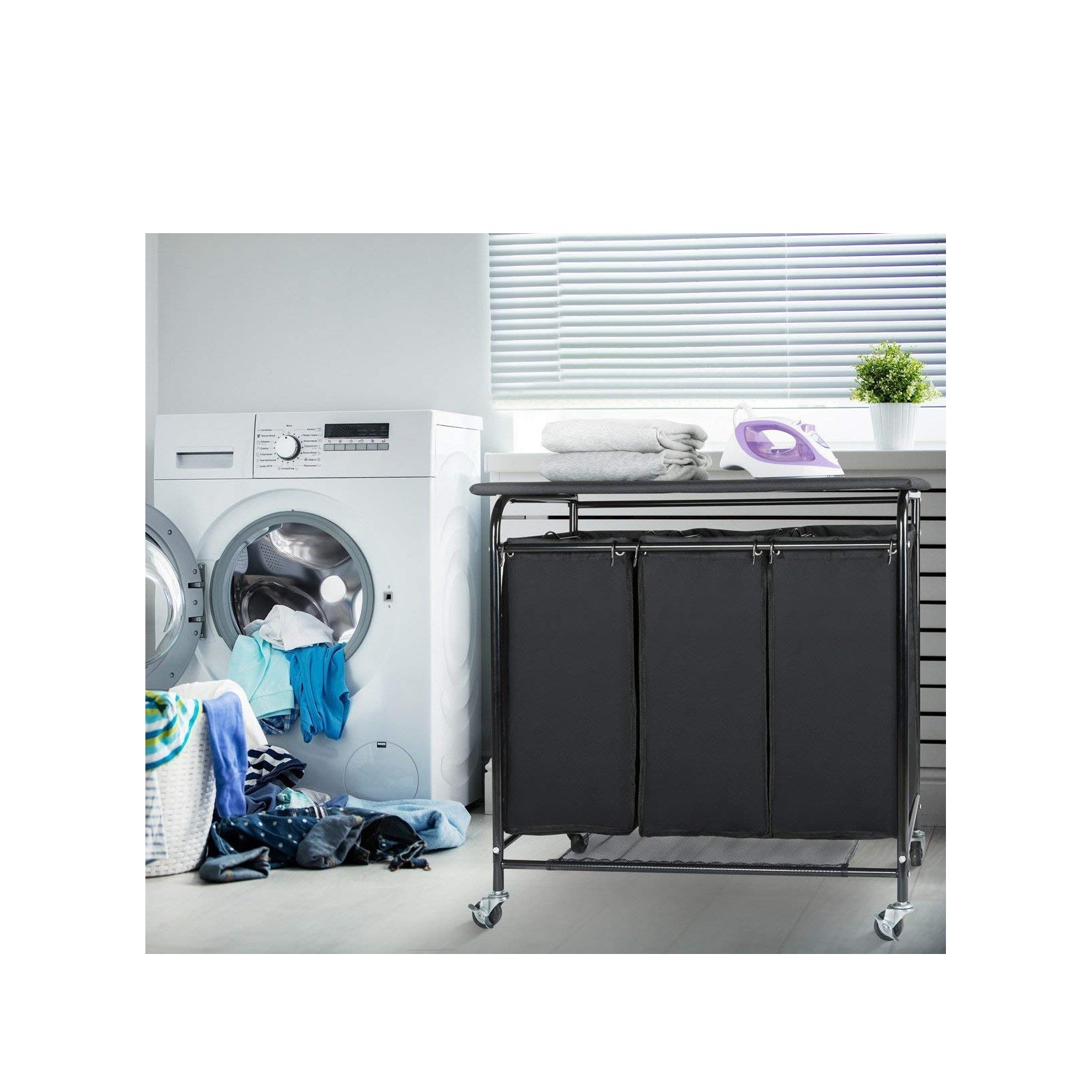 Cos de rufe, WALALLA, 3 Spatii depozitare, Cu masa de calcat, Negru ...