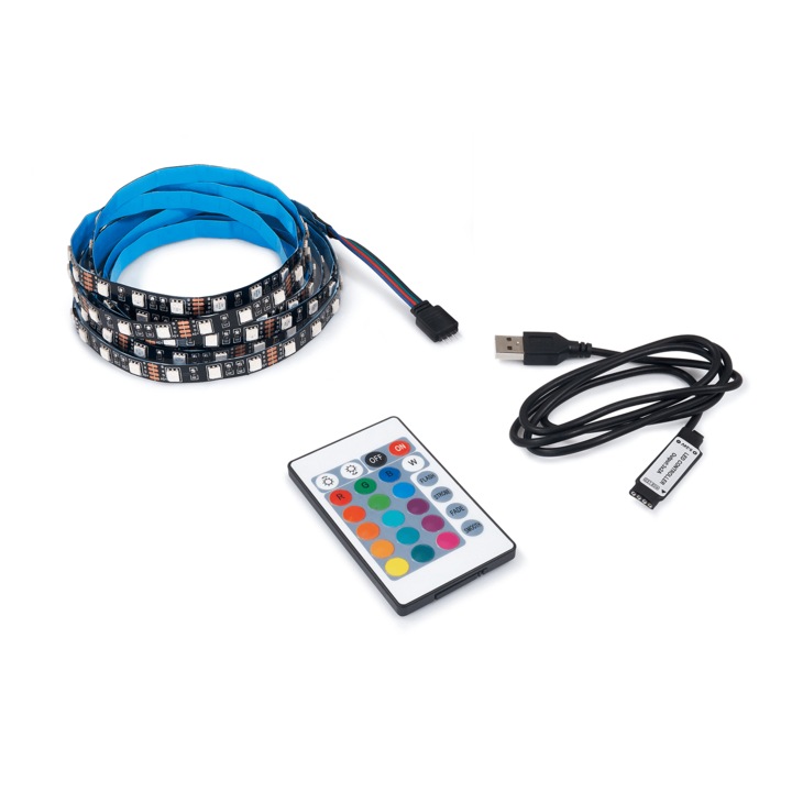 Set de benzi LED 5V IP20 3m, RGB + controler USB cu telecomanda IR pentru iluminarea ...