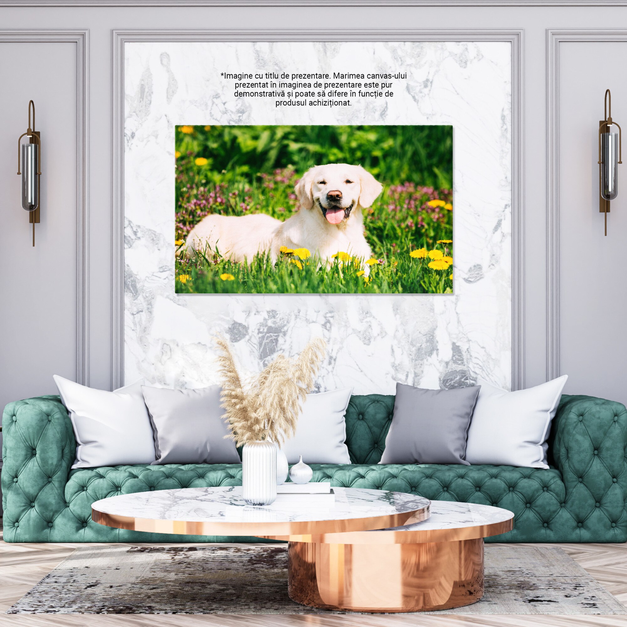 Vászonfestő kutya pitypang virággal, gyönyörű fajta, boldog zöld fűvel ...