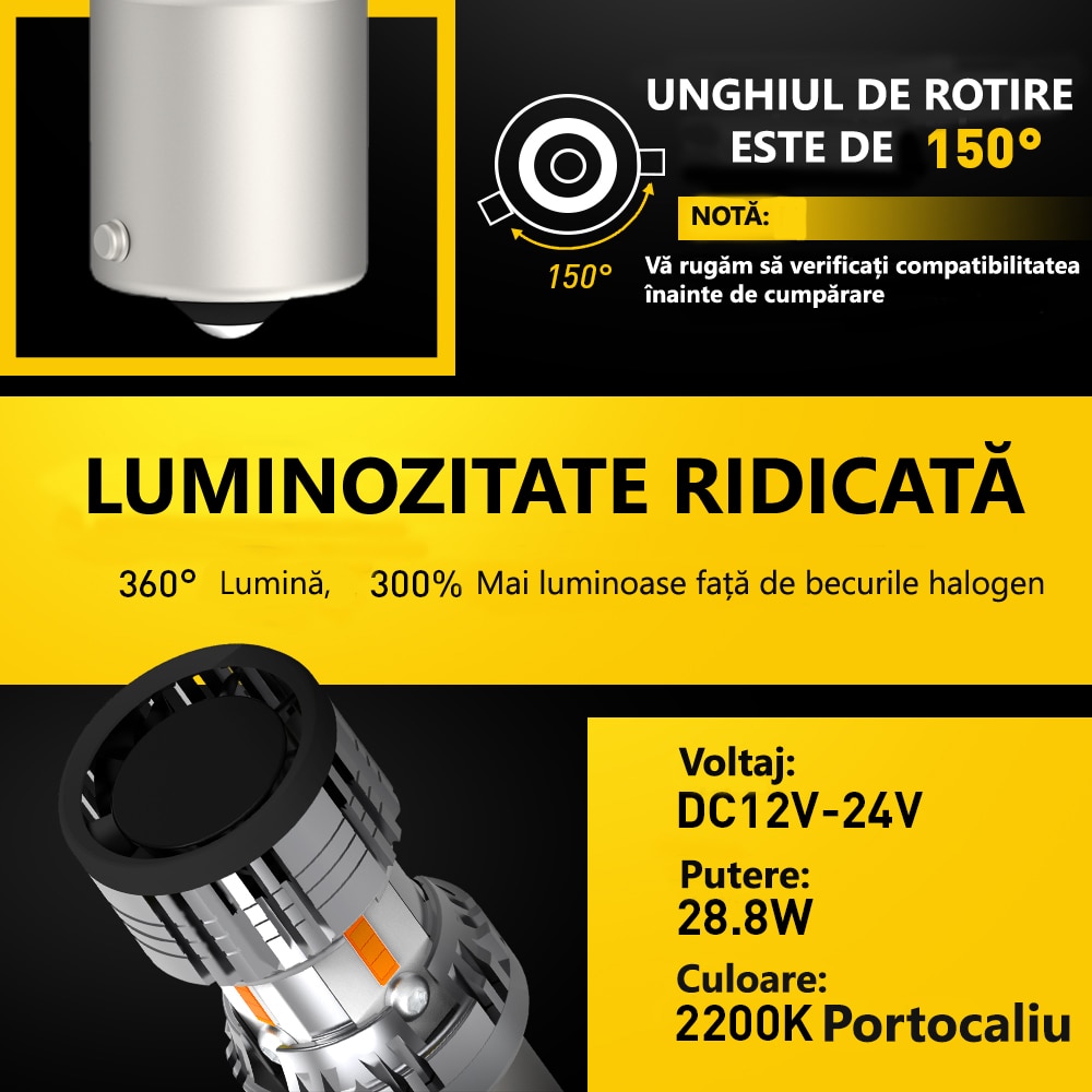 Set 2 becuri LED Auxito® Canbus PY21W Ba15s 1156, Semnalizare ...