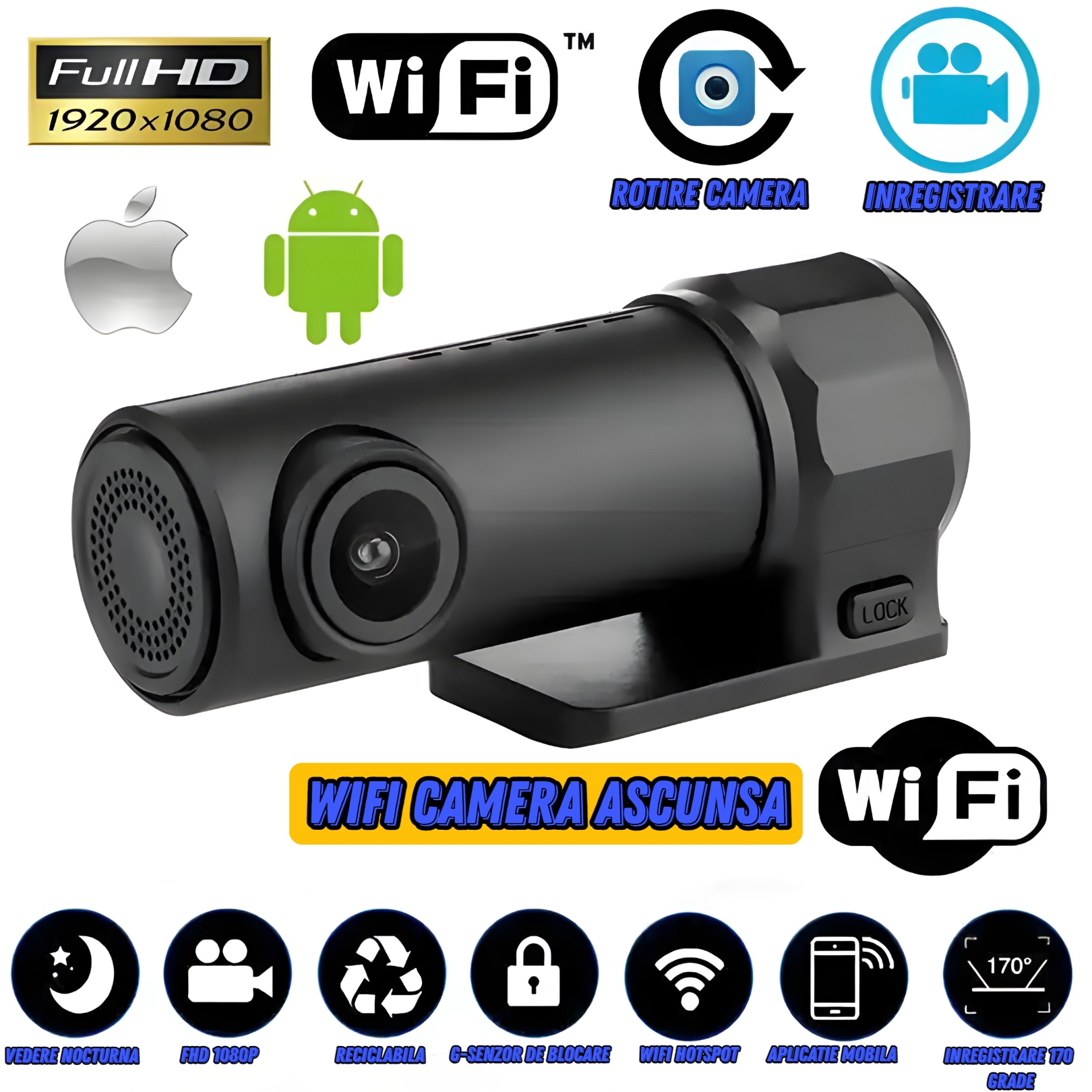 Camera auto de bord S600, FULL HD 1080P, Night Vision, WIFI, Aplicatie ...