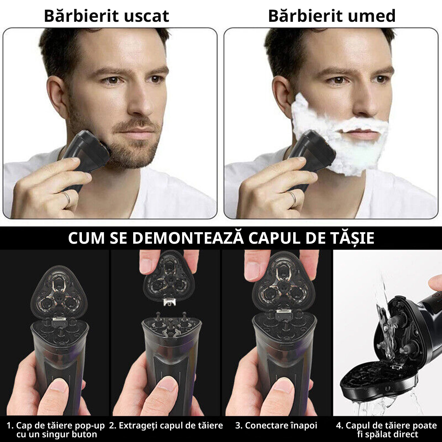 Aparat de ras electric umed si uscat, fara fir, Capete 4D pivotante si ...