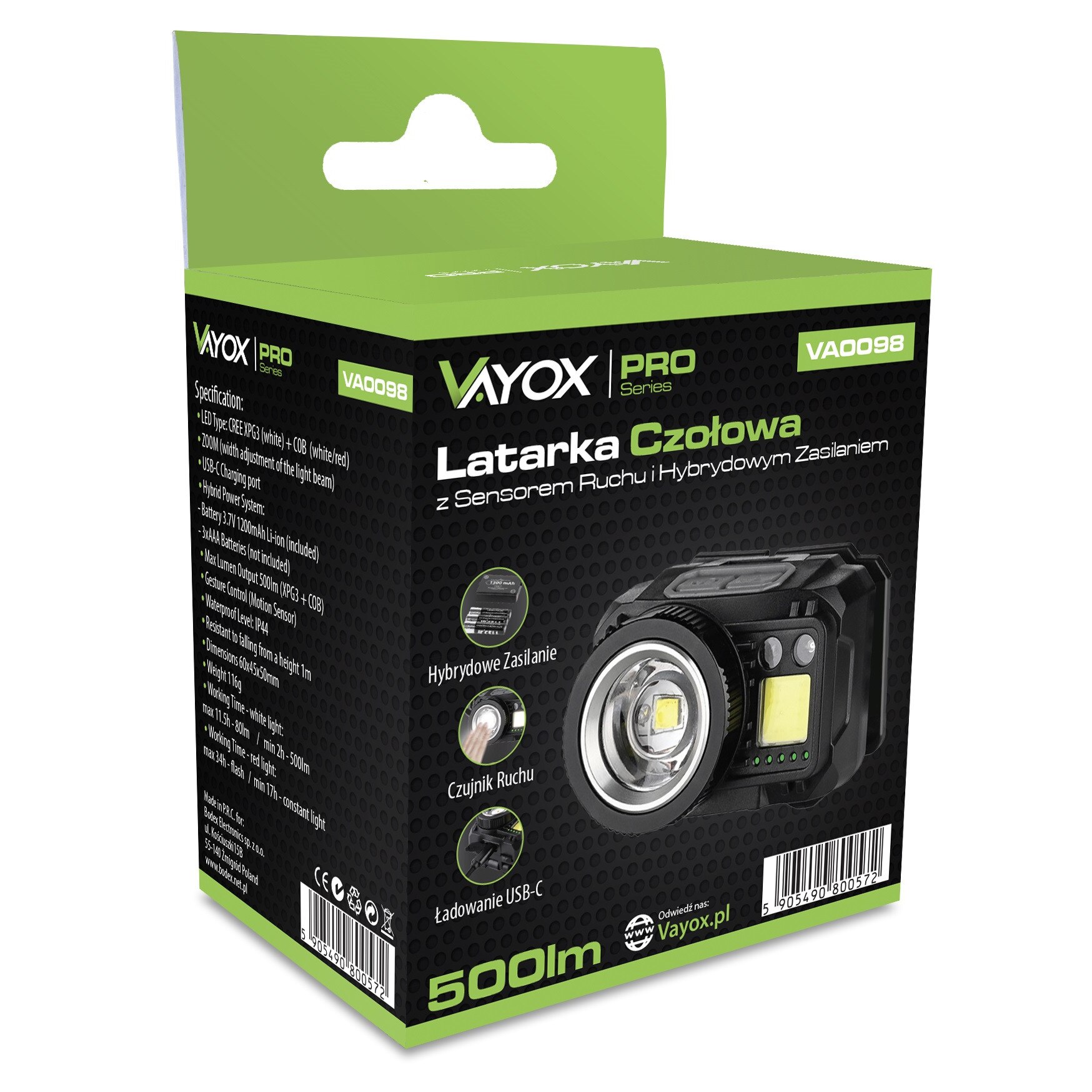 Vayox VA0098 LED fejlámpa, XPG3 6W 500lm, egy mozgásérzékelő, USB-C, 6 ...