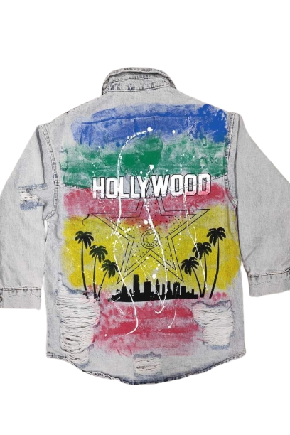Geaca de blugi, albastra, pictata cu model Hollywood, marimea S - eMAG.ro