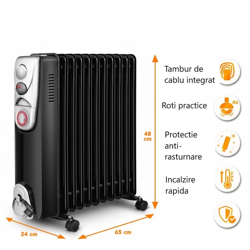 Calorifer electric cu ulei, 2500W, roti, 3 trepte de putere, senzor de ...