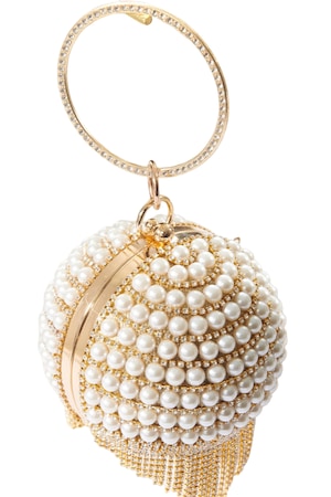 Geanta clutch rotunda cu perle si strasuri, auriu, eleganta - eMAG.ro