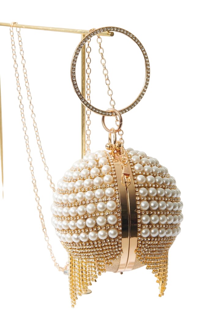 Geanta clutch rotunda cu perle si strasuri, auriu, eleganta - eMAG.ro