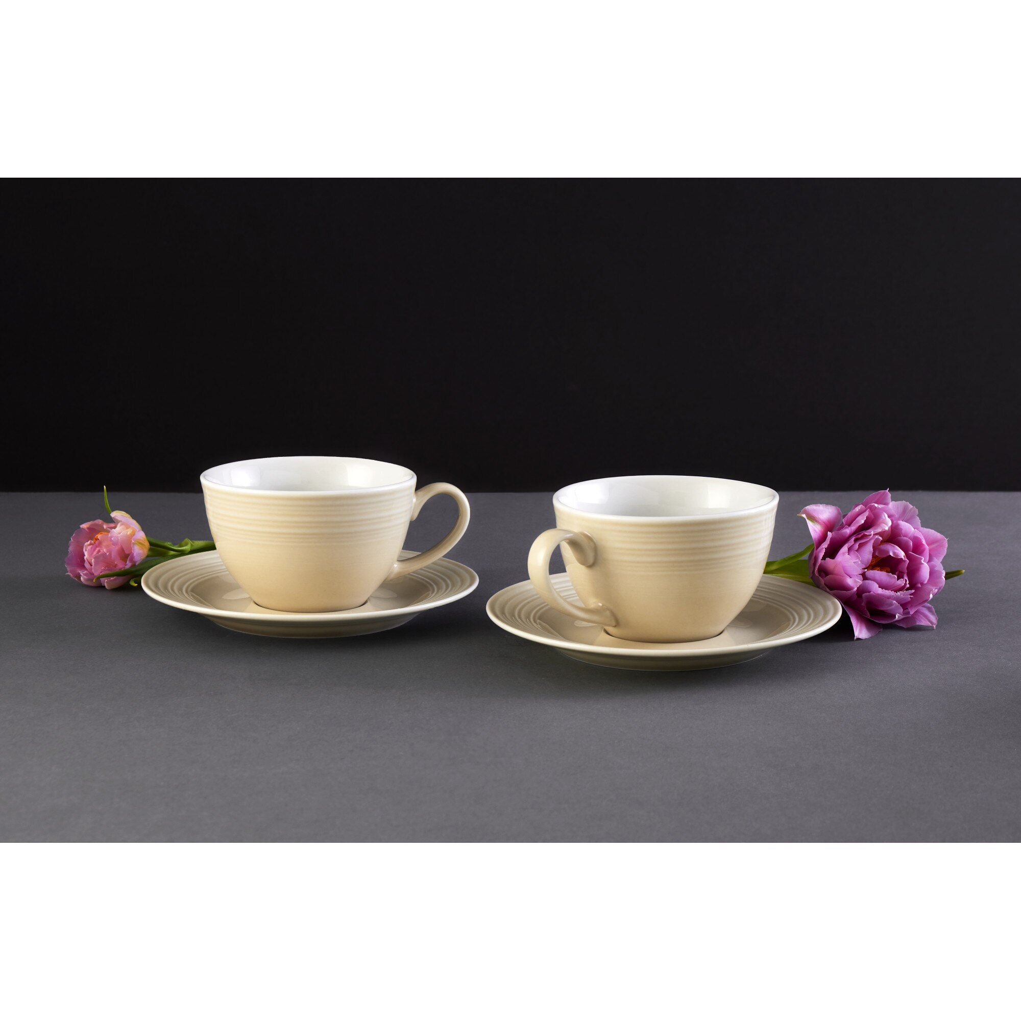 Set servire ceai sau cafea, 12 piese, 6 persoane, portelan bej ...